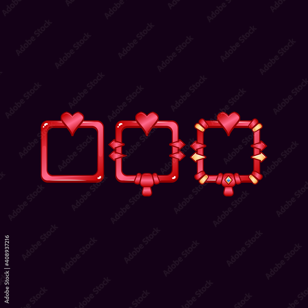 Set Of Game Ui Border Frame With Heart Symbol For Gui Asset Elements Vector Illustration Stock