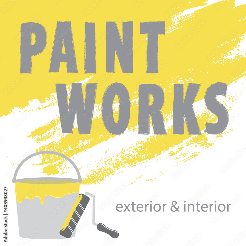 Paint Works Logo. Brush stroke yellow paint and gray text. Yellow paint ...