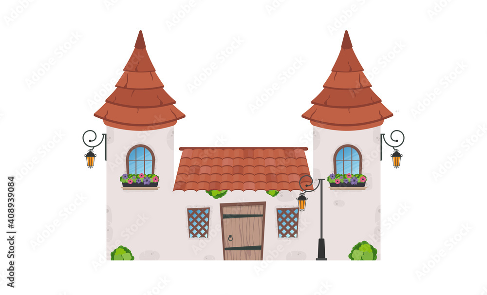House with towers. Stone building with windows, door and roof. Cartoon ...