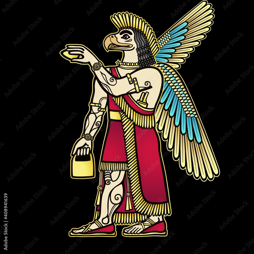 Cartoon color drawing: divine man bird. Character in Assyrian mythology ...
