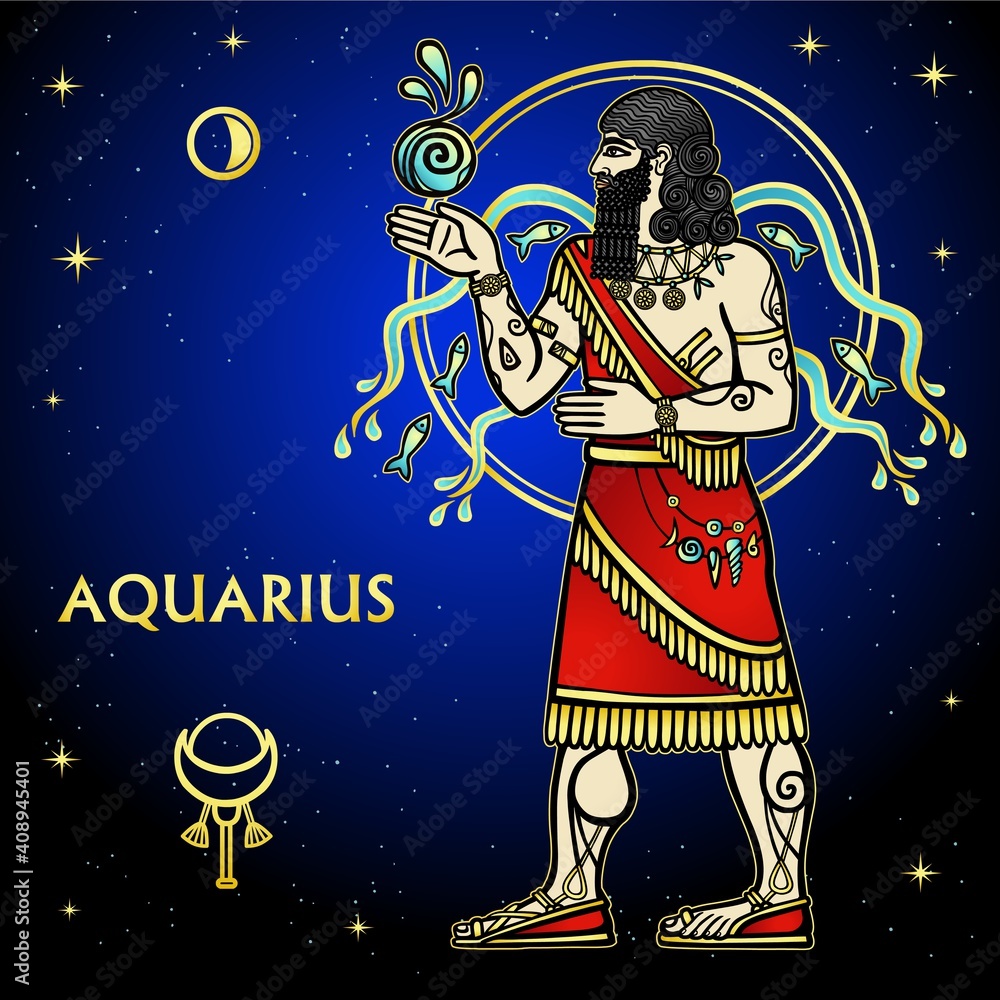 Cartoon color illustration: Zodiac sign Aquarius. Character of Sumerian ...