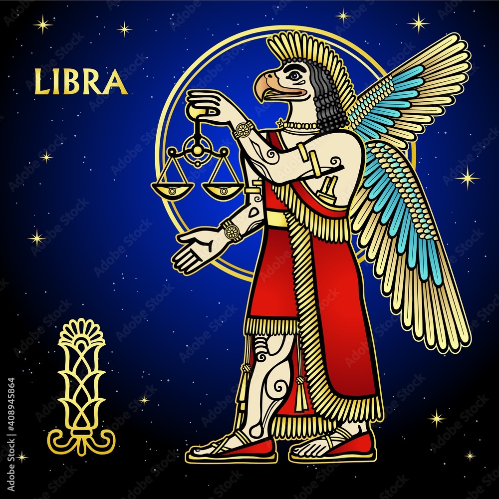 Cartoon color illustration: Zodiac sign Libra. Character of Sumerian ...
