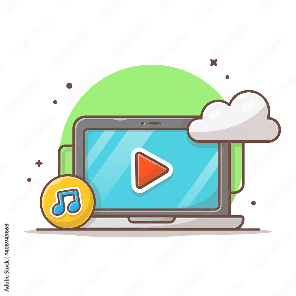Cloud Music Icon with Laptop and Note of Music Cartoon Vector Icon ...