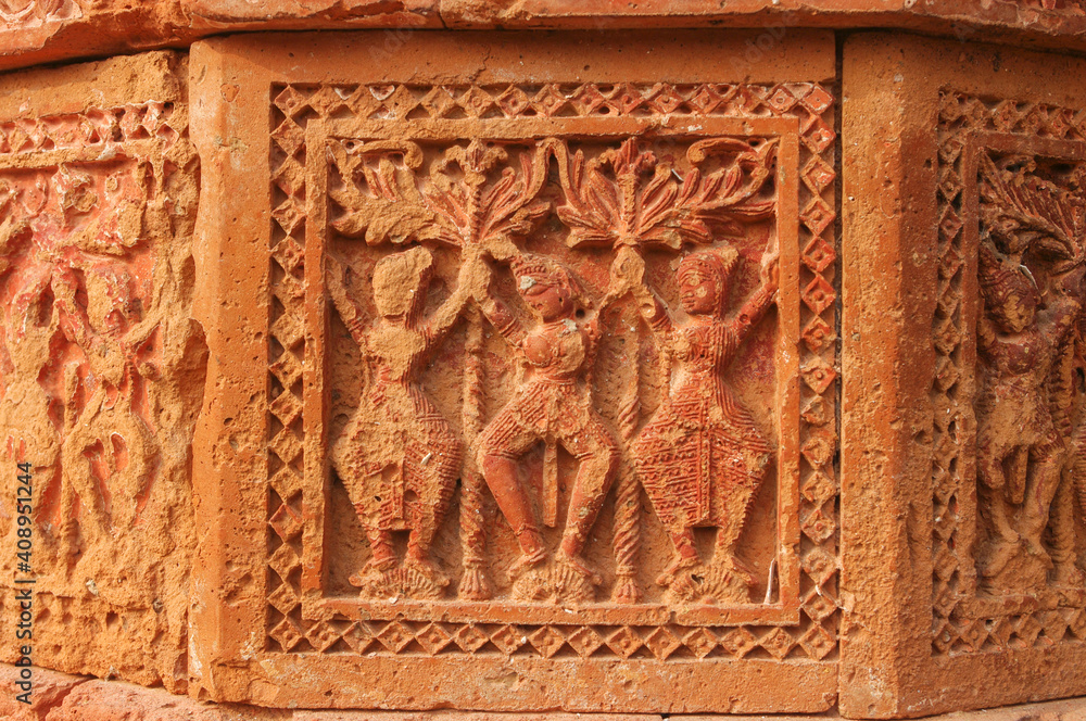 Carved terracotta scene of dancing girls on beautiful ancient Chauchala ...