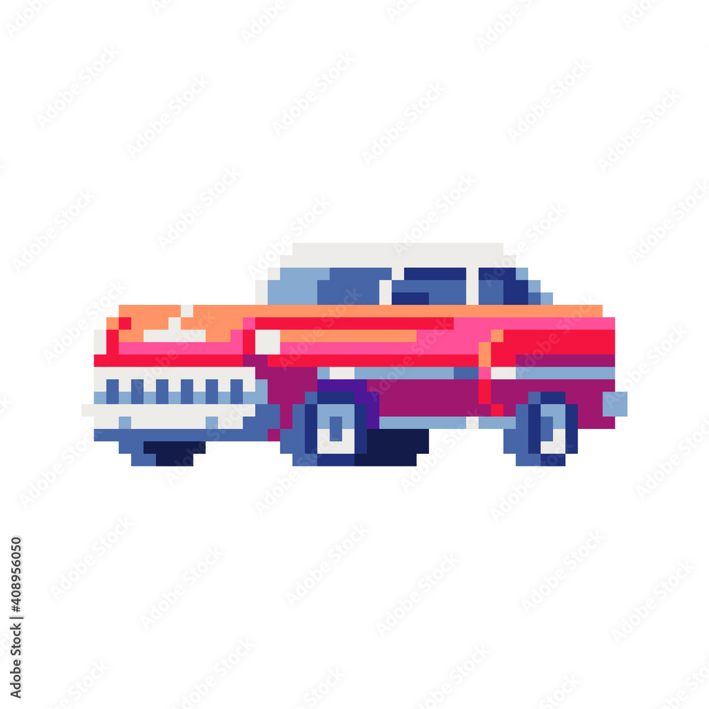 Retro red car 60s pixel art icon, cartoon automobile character isolated ...