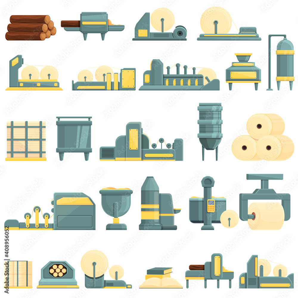 Paper production icons set. Cartoon set of paper production vector ...