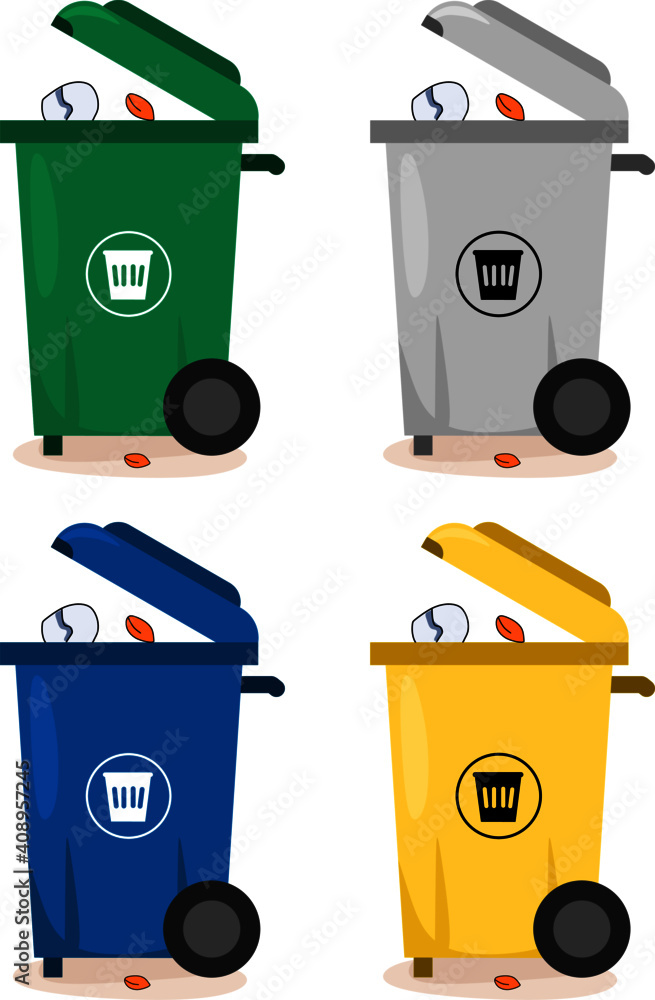 Vector illustration set of a trash box using wheels in the yard to ...