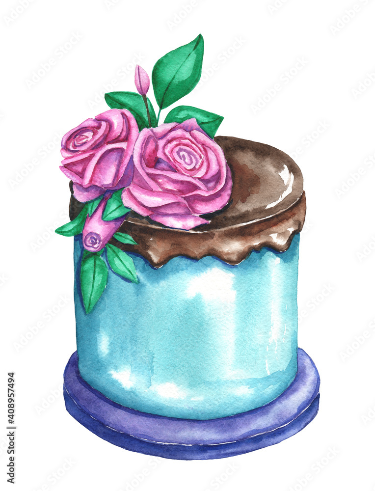 Watercolor blue sponge cake with chocolate fondant and rose flowers ...