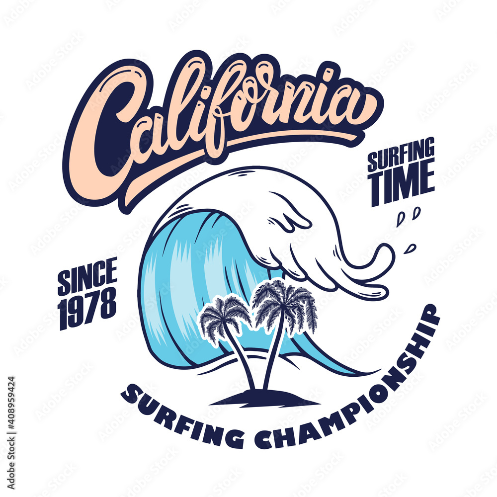 California surfing championship. Emblem template with waves and palms ...