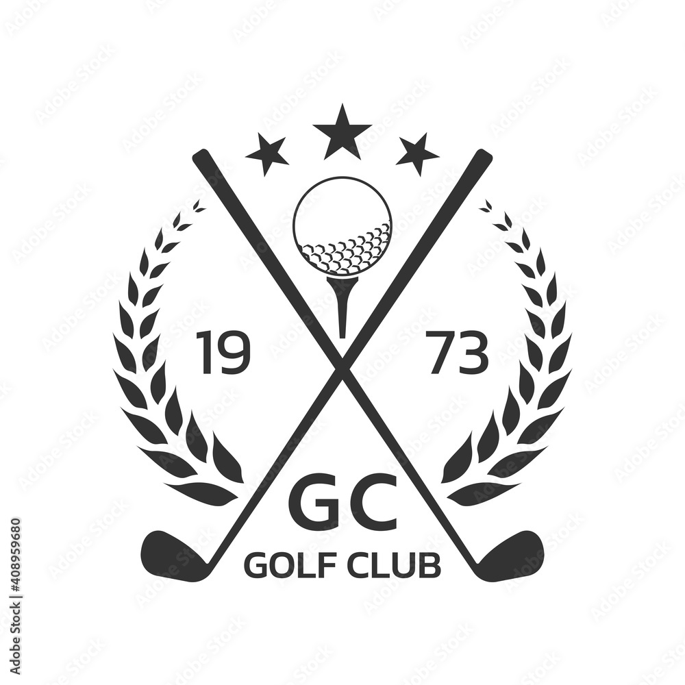 Golf club logo, badge or icon with crossed golf clubs and ball on tee ...