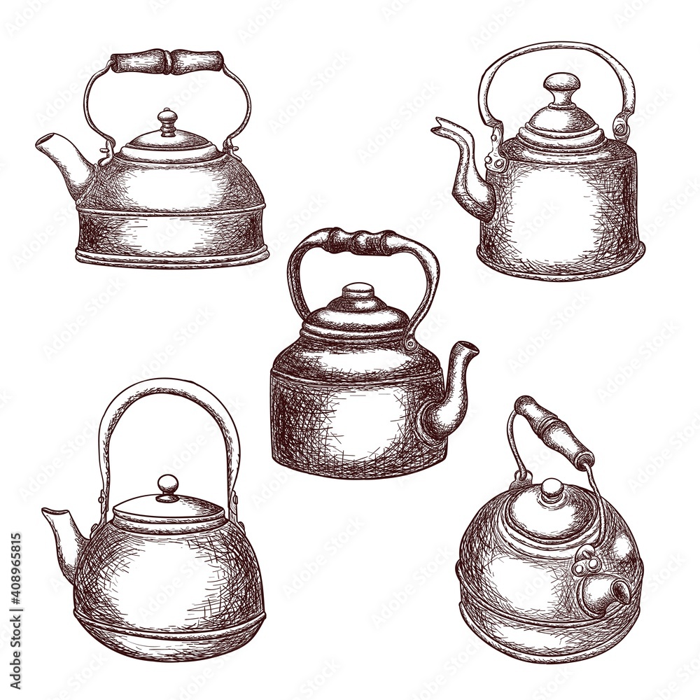 Set of vintage copper teapots in sketch style, outline drawing isolated ...