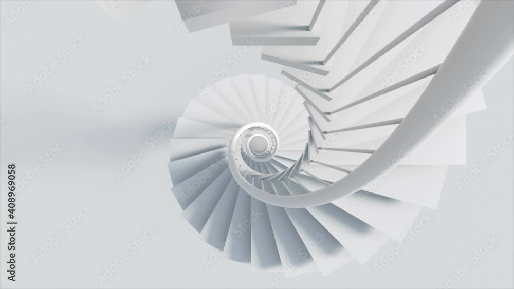 White glossy spiral staircase. Monochrome abstract animation, 3d render ...