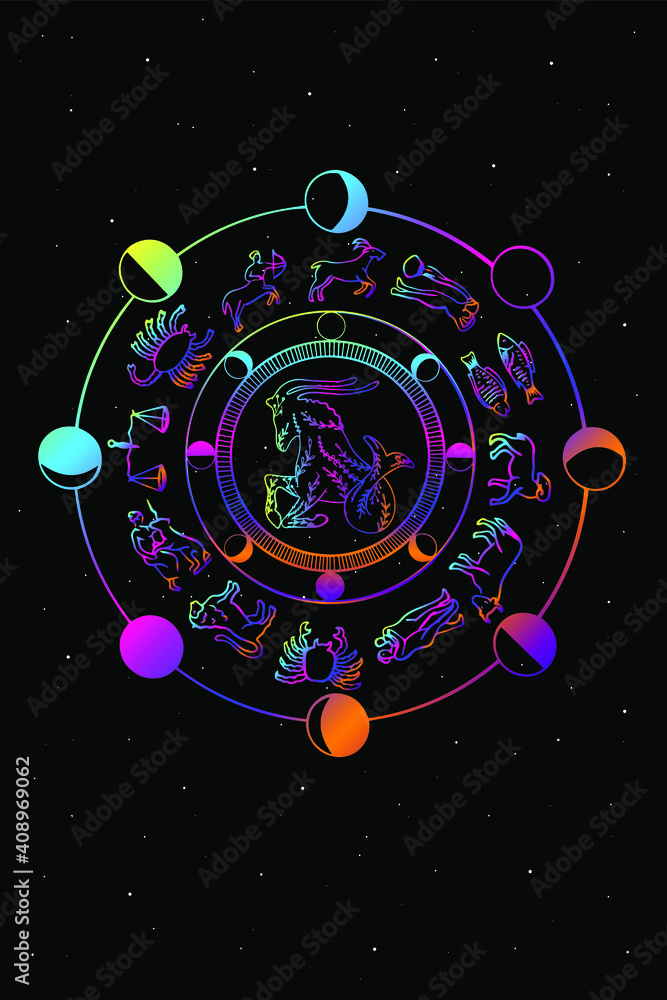 vector illustration, crystals and the solar system, moon phases ...