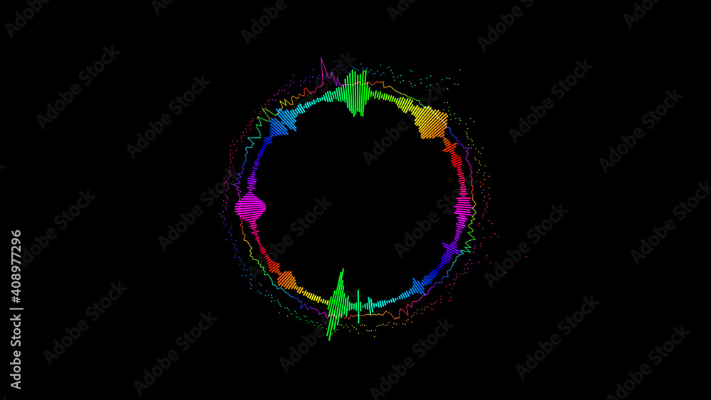 Abstract circular spinning spectral wave design on black background ...