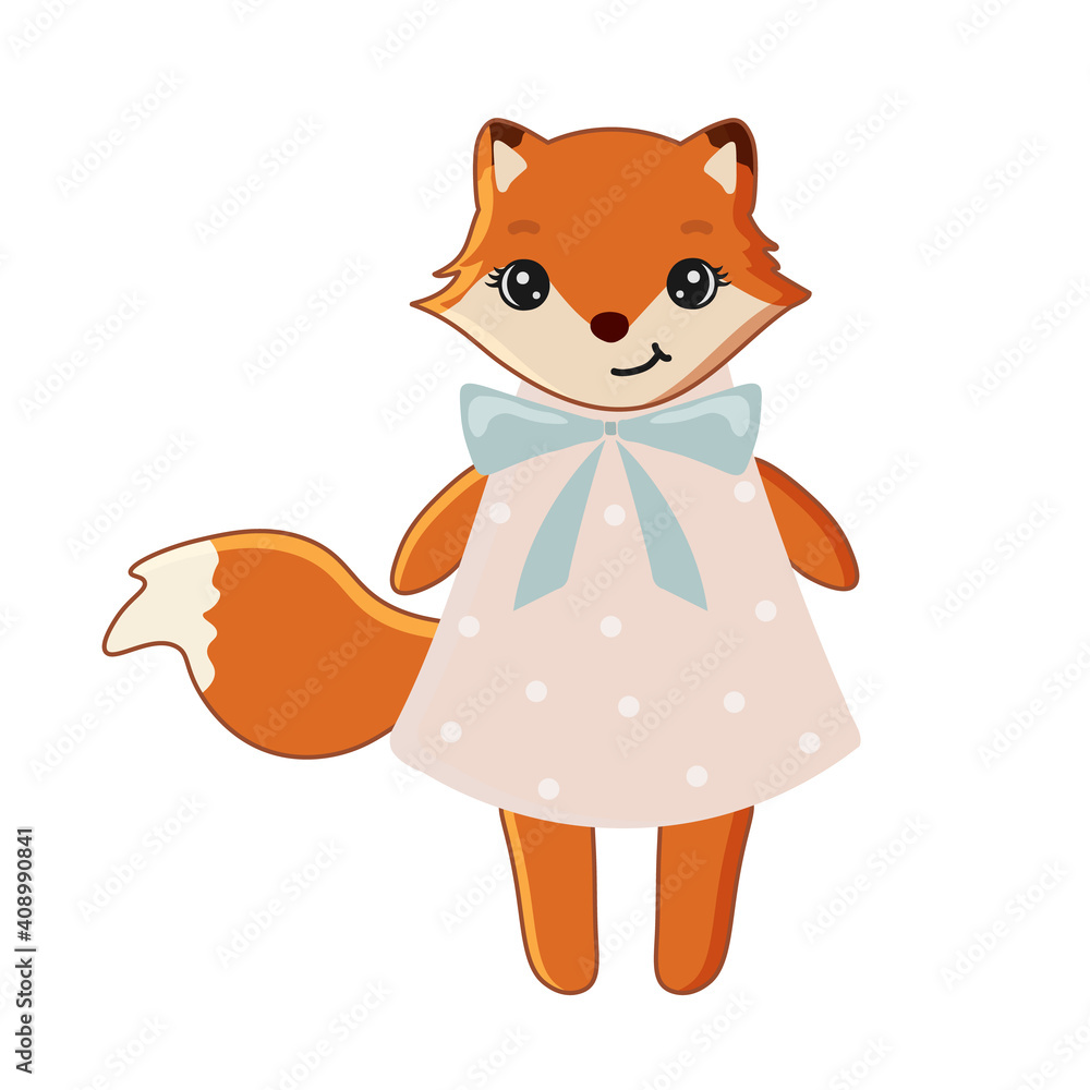 Vector illustration of a cute funny fox in a dress. Isolated objects on ...