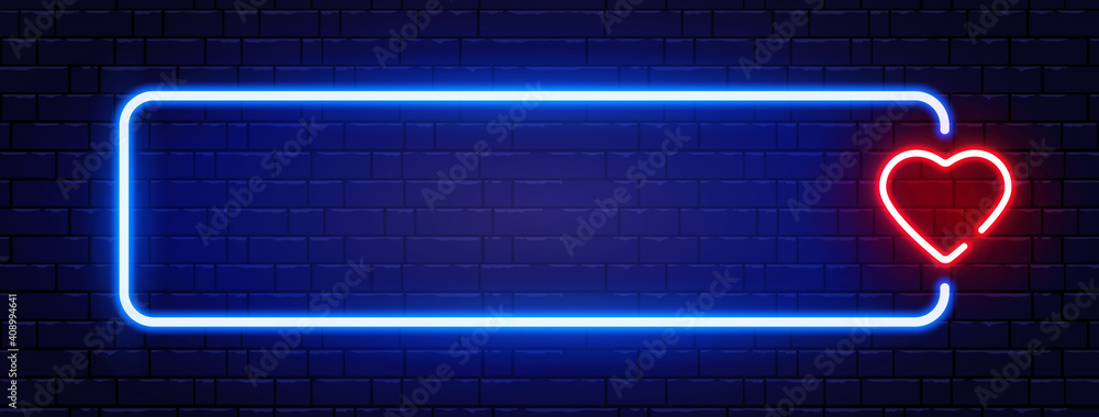 Neon long frame with heart. Bright night neon signboard on brick wall ...