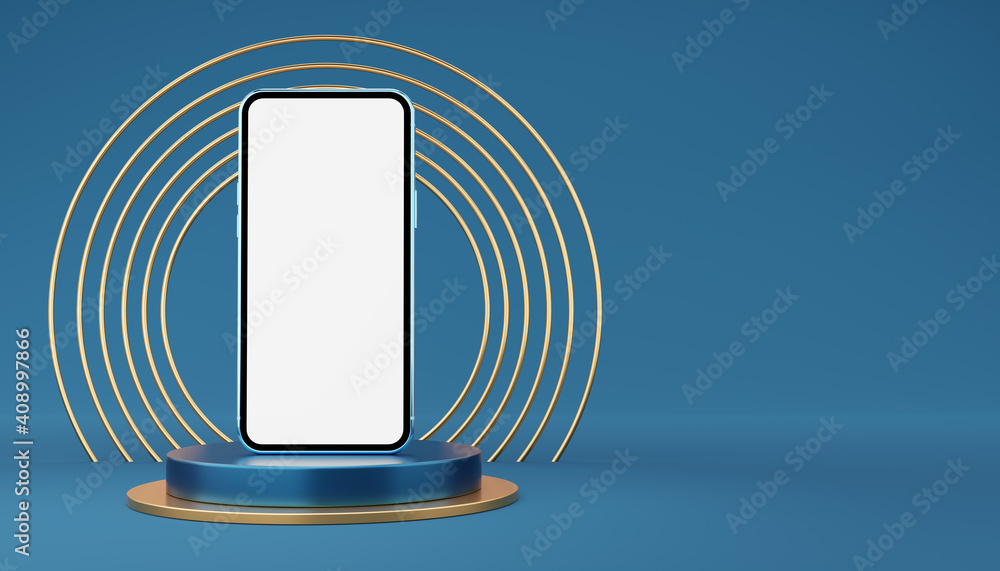 Blue mobile phone on cylinder podium with gold border and copper circle ...