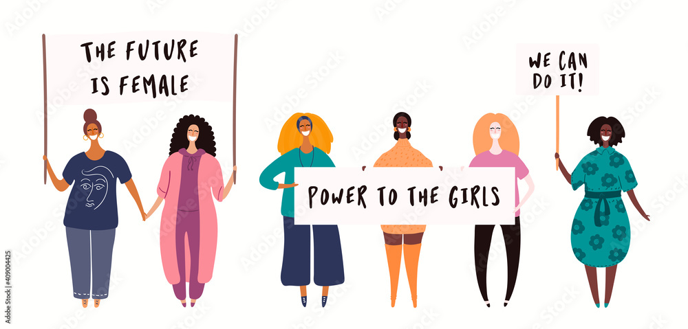 Diverse women group on a protest, holding different placards, banners ...