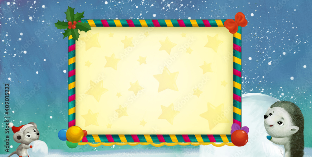 cartoon happy christmas scene with frame with animals and snowman Stock ...