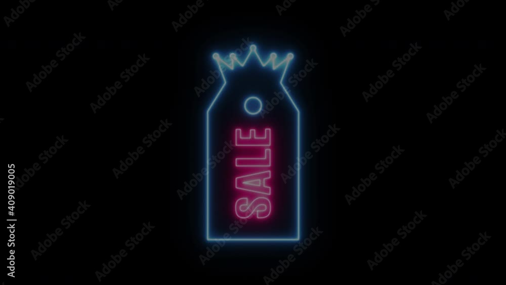 Label with crown, sticker, tag. 4K Sale neon sign banner background for ...