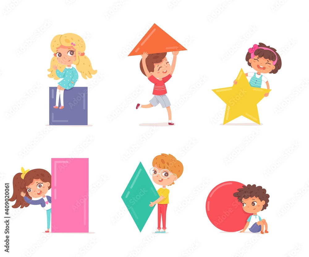 Cute kids holding geometric shapes set. Primary school education ...