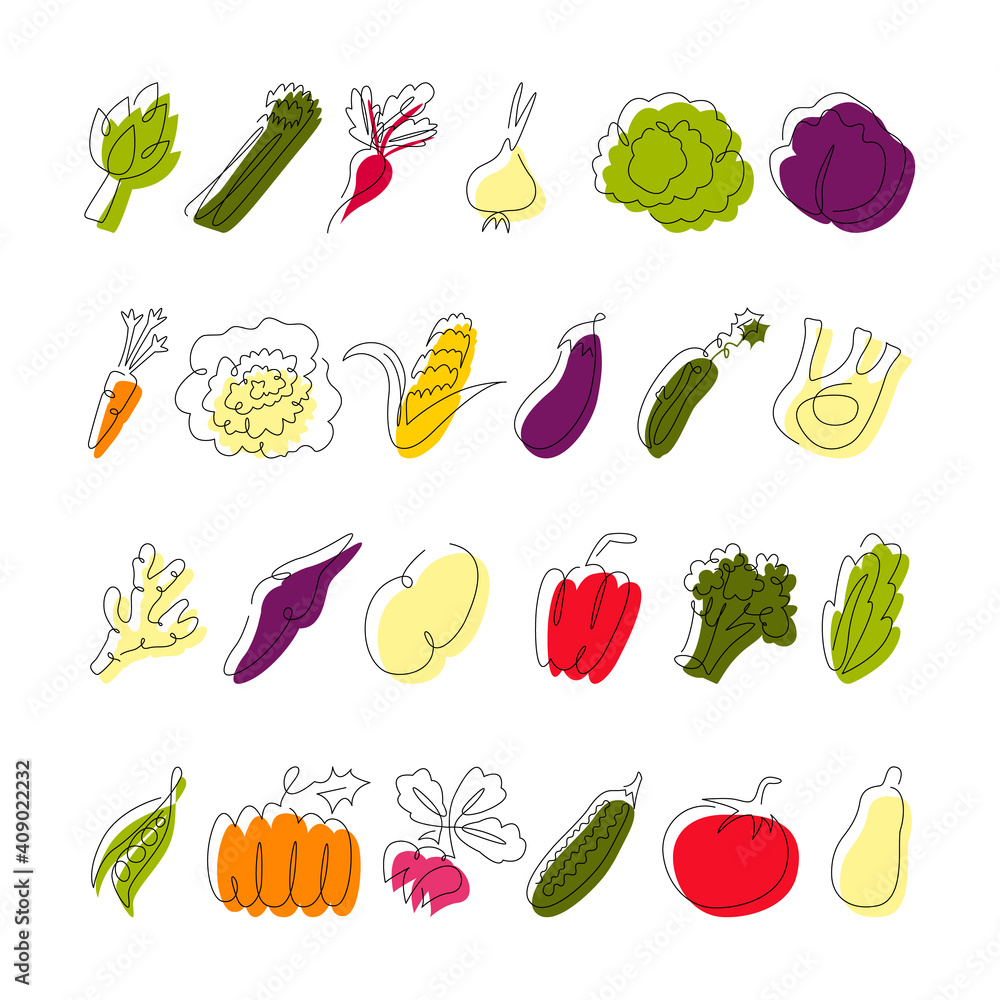 Vegetable continuous line drawing collection isolated on white. Simple ...