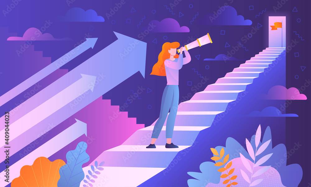 Motivation and inspiration concept. A girl with a telescope in her ...
