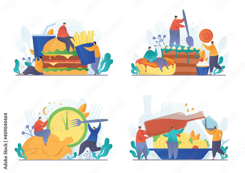 Fast food or junk food addiction concept. Group of people enjoying fast ...