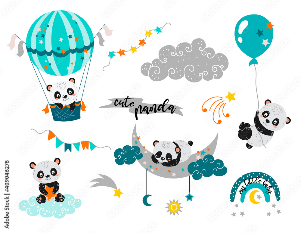 Childish collection with cute baby playful panda characters. Elements ...