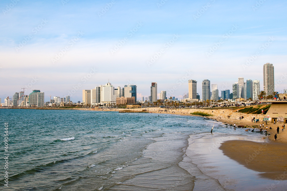 Summer day in sunny Jaffa with panoramic landscape view to new high ...