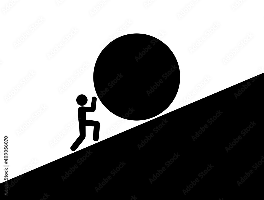 Sisyphean task - Sisyphus is pushing and rolling a big heavy ball and boulder upwards the steep ...
