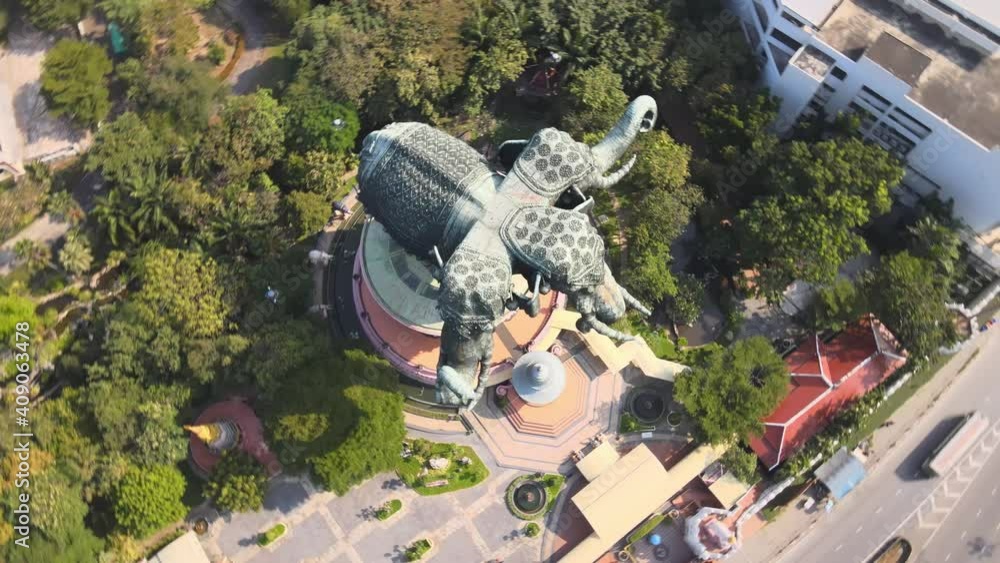 4k Giant three-headed elephant structure. top down Aerial Erawan Museum ...