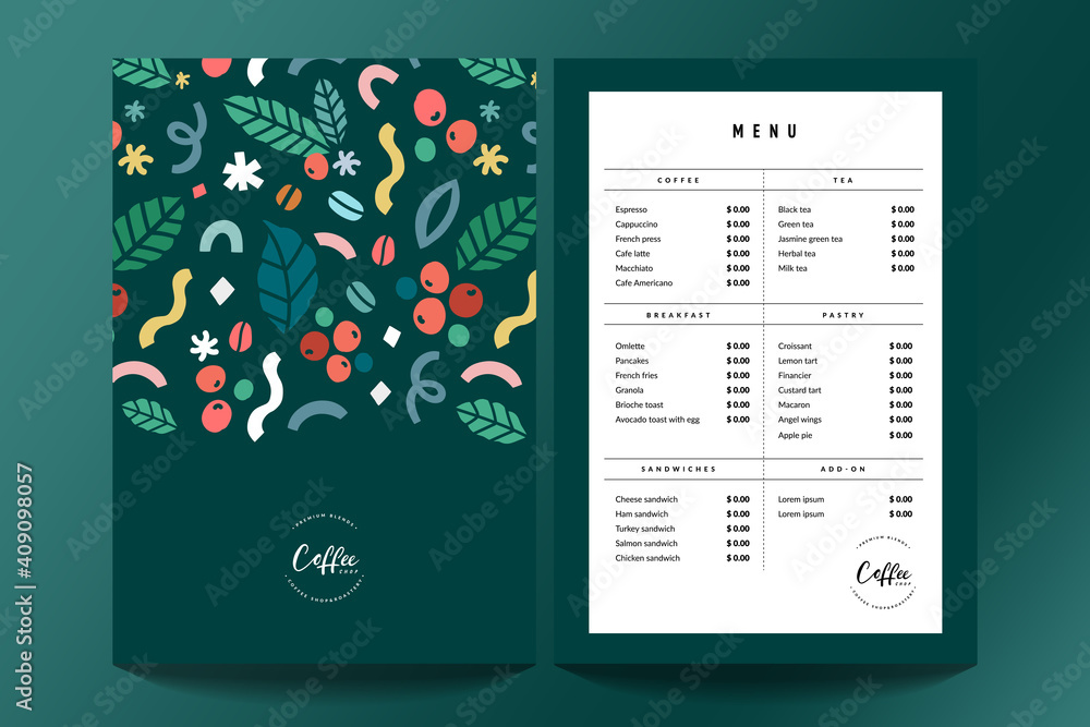 Coffee shop menu design template, cafe menu card template with cover ...
