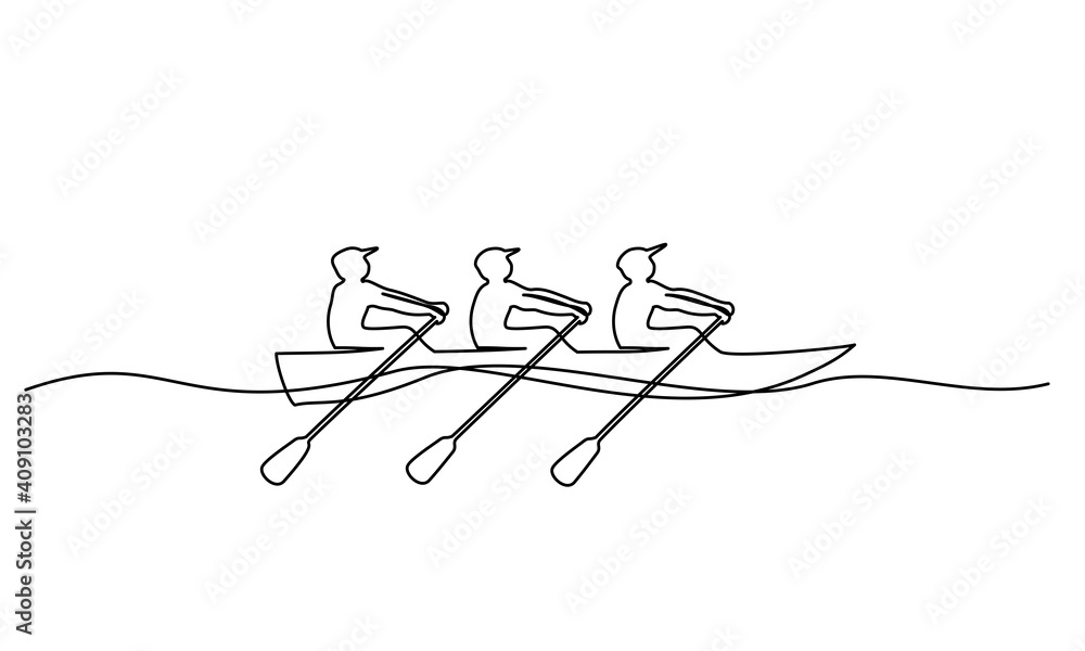 Team member rowing boat Teamwork concept. Continuous one line drawing ...