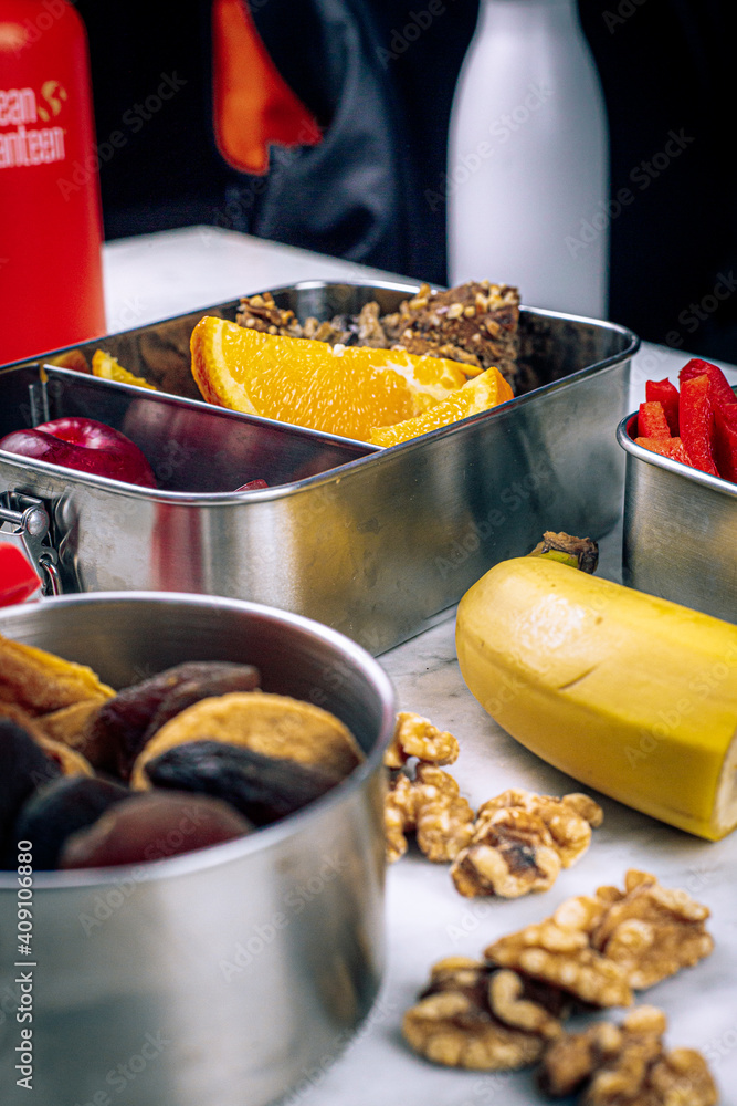 zero waste food kids lunch boxes being prepared fro school with lots of ...