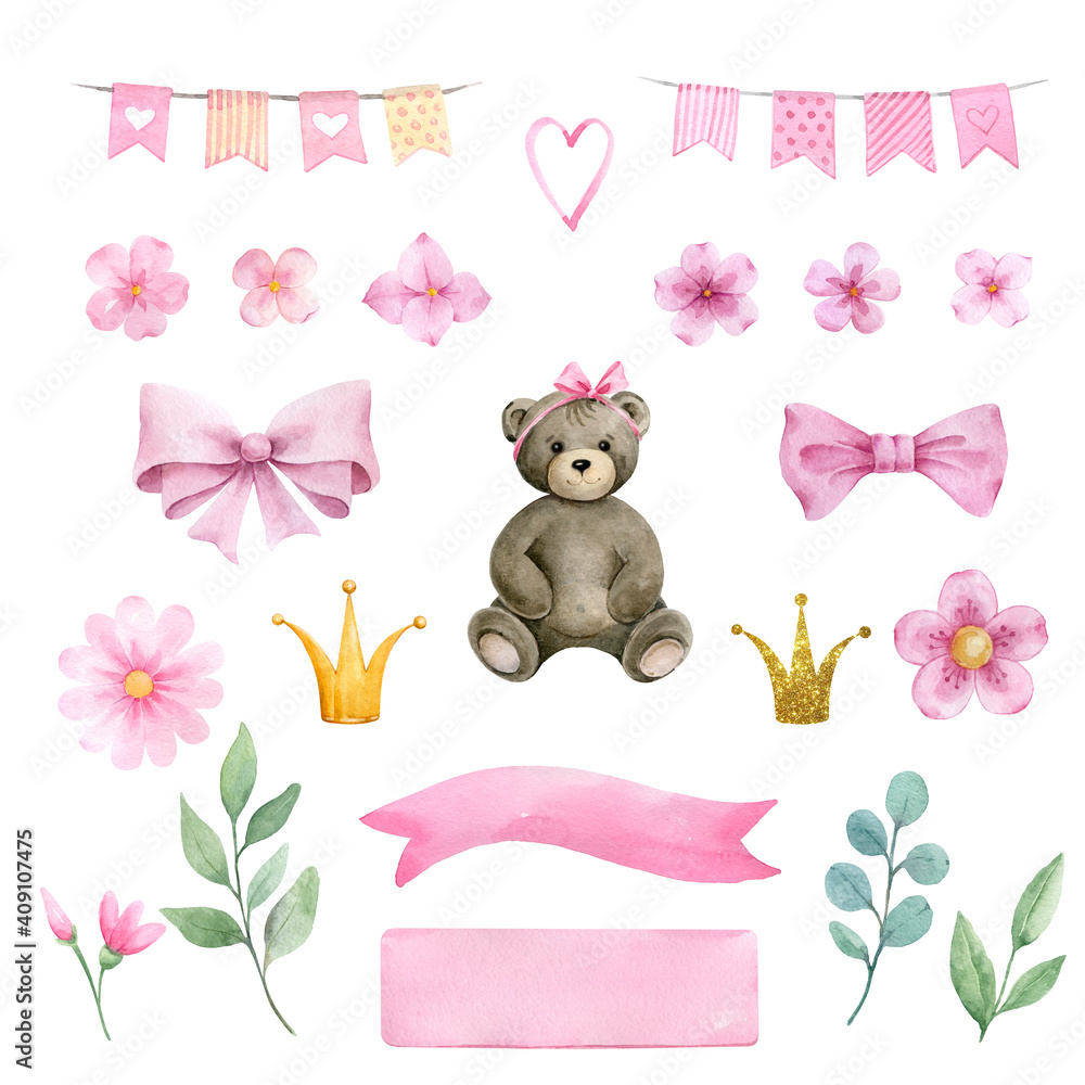 Newborn Baby girl shower clipart elements.Watercolor set of ...