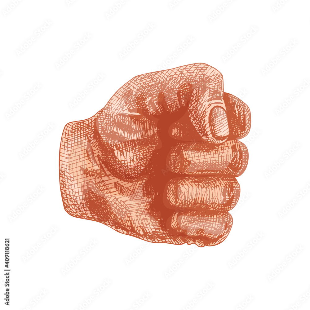 Hand sign clenched fist. Vector color vintage hatching illustration ...