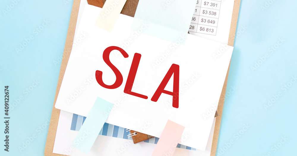 Paper plate with text SLA. Diagram, notepad and blue background Stock ...