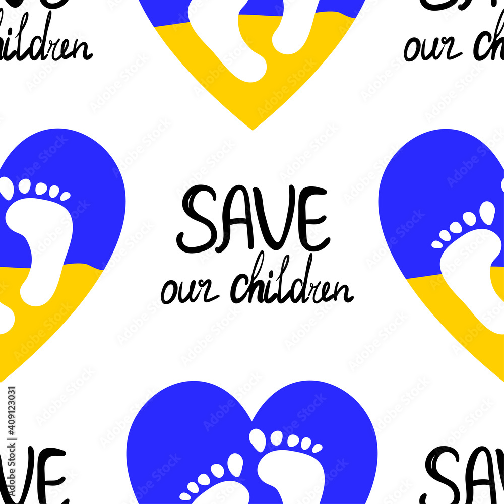 Child protection and flag Ukraine heart icon. Save our children text ...