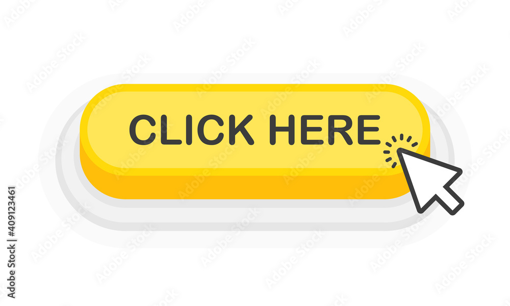 Click Here yellow 3D button in flat style isolated on white background ...
