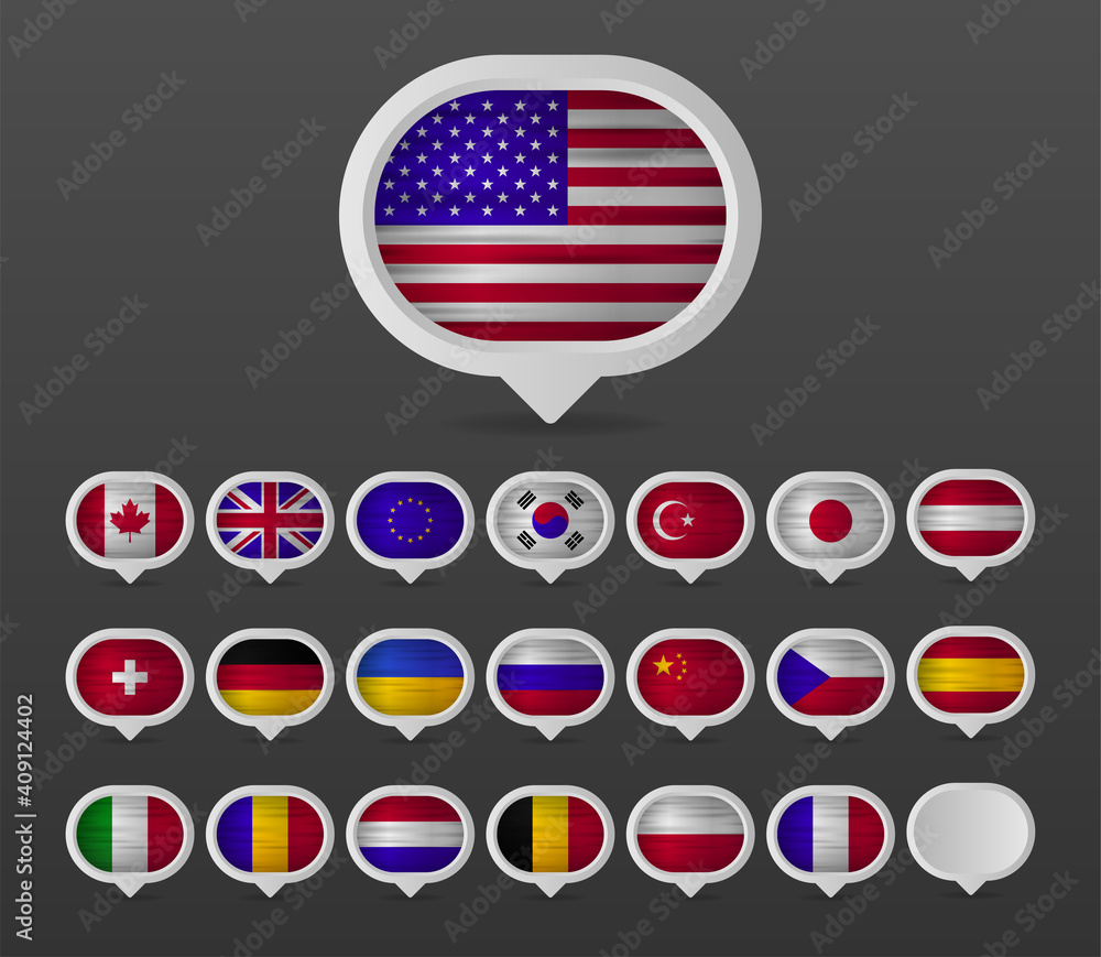 Stockvector European flags realistic flags collection in map point ...