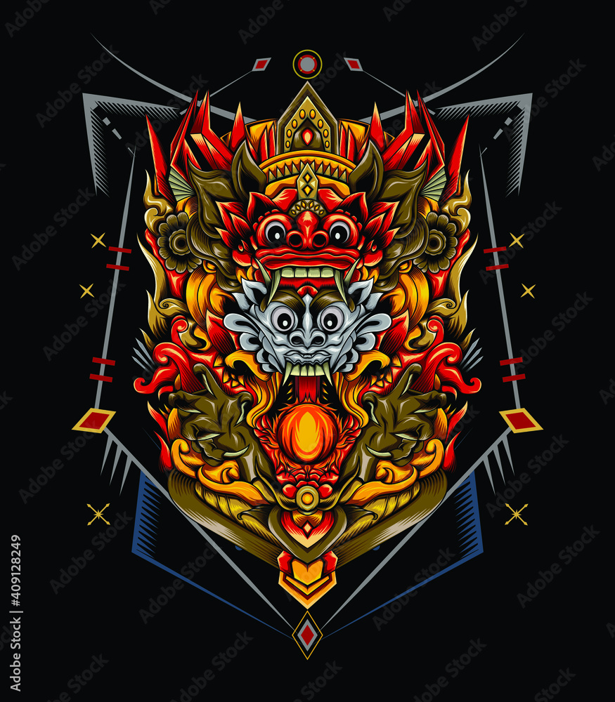 Barong vector illustration with sacred ornament background Stock Vector ...