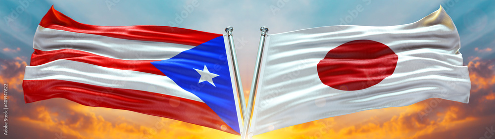 Japan Flag and Puerto Rico flag waving with texture sky Cloud and ...