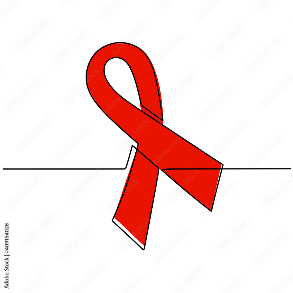 Continuous one line of red ribbon for badge. World HIV Aids day 1 ...