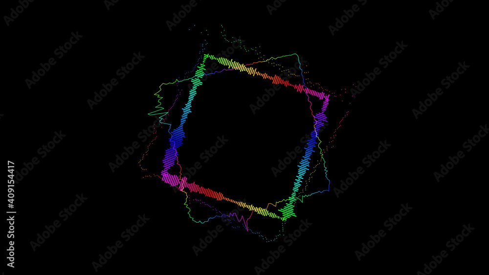 Abstract rectangle spinning spectral wave design on black background ...