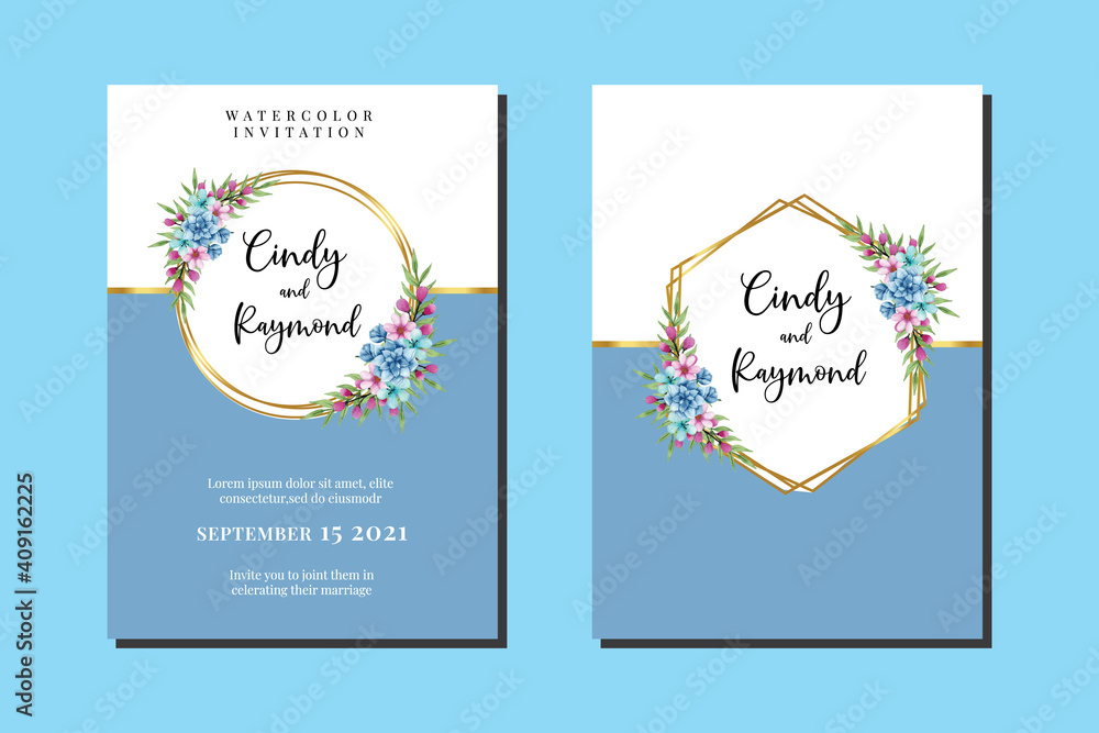 Wedding invitation frame set, Blue floral watercolor hand drawn Dahlia ...