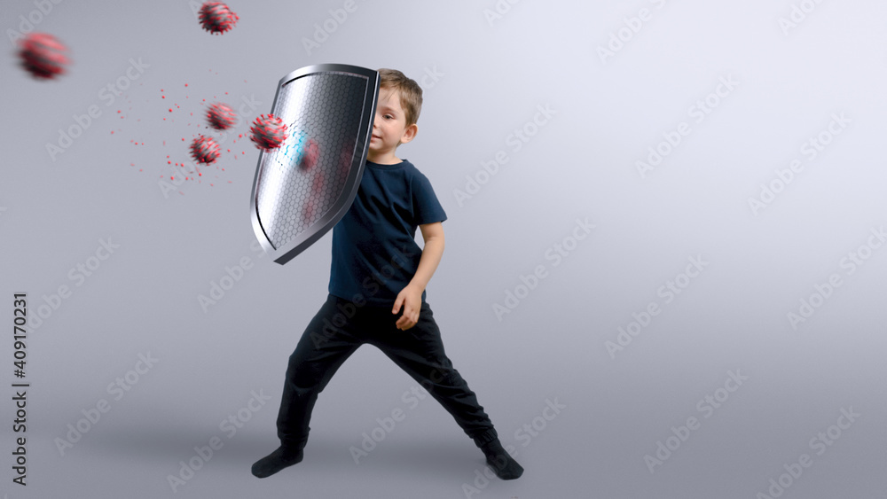 Child defends from viruses using a shield. Healthy immune system, protection against viruses ...