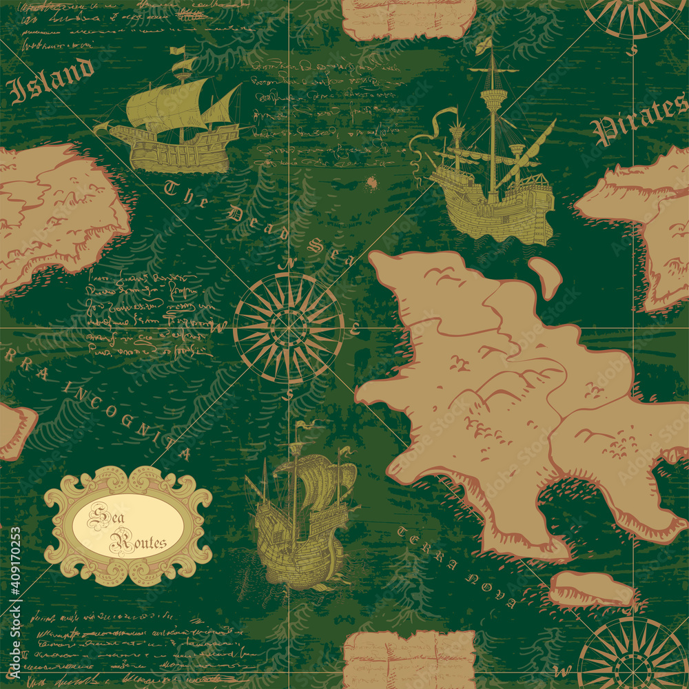 vector image of an old sea map in the style of medieval engravings ...