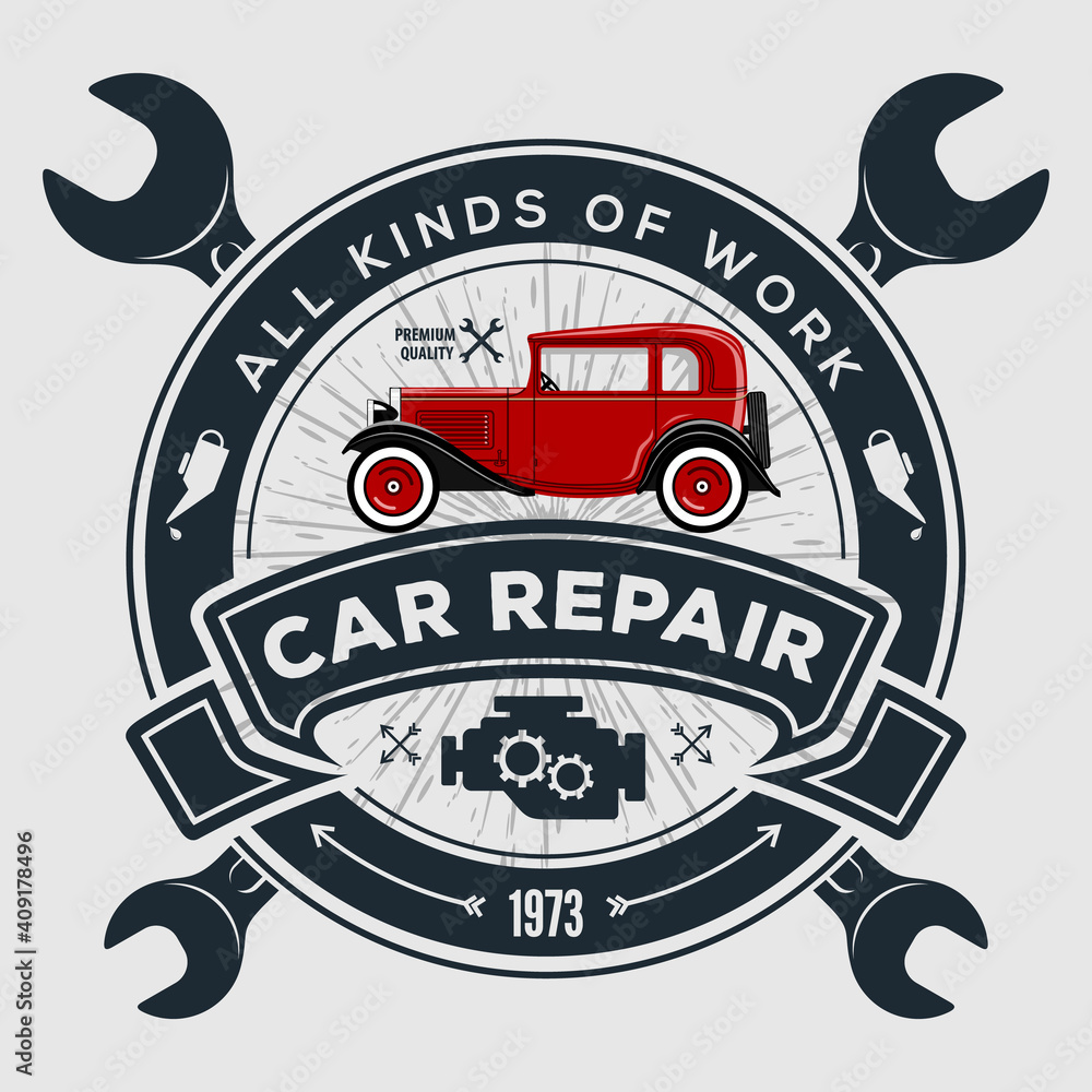 Car repair service, vintage Logo design concept with classic retro car ...