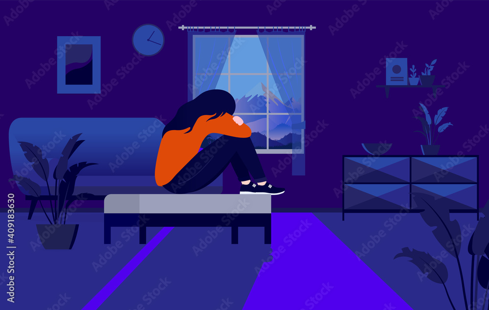 Isolation loneliness - Sad woman alone in dark living room isolated and ...